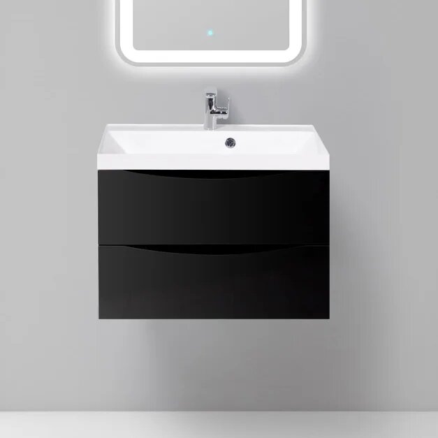 Тумба с раковиной BelBagno Marino 70 подвесная, 70 см, черная, глянцевая, из МДФ, с ящиками, раковина для ванной из камня, прямоугольная