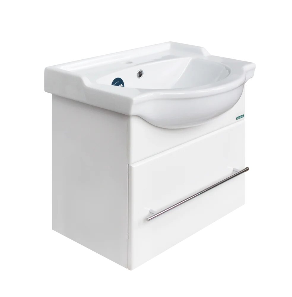 Тумба с раковиной Sanita Лидер 55 подвесная, 56, 5 см, белая, глянцевая, с ящиками, раковина для ванной, фарфоровая, полукруглая, встроенный слив-перелив