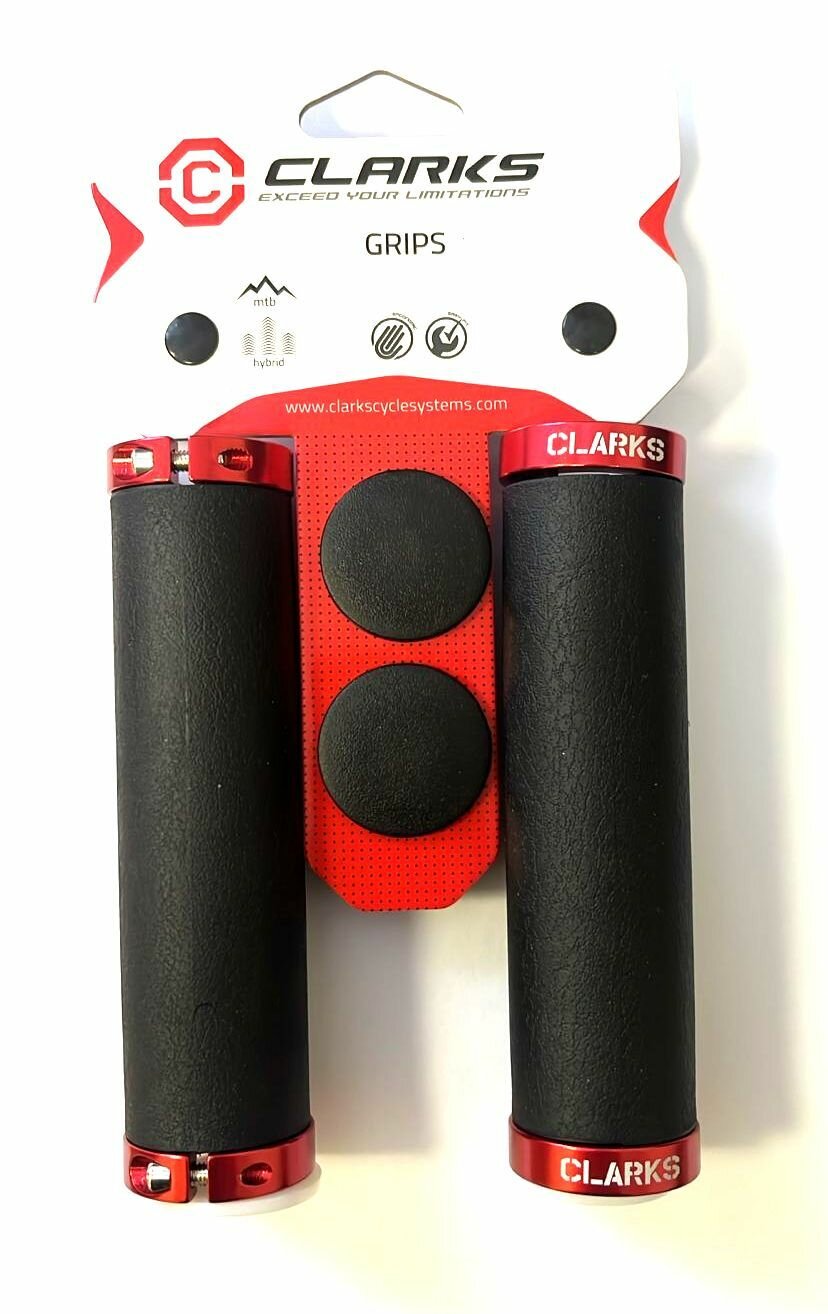 Ручки на руль для велосипеда грипсы CLARKS CS-001 силиконовые 130мм антискользящие, 2 красных фиксатора, черные
