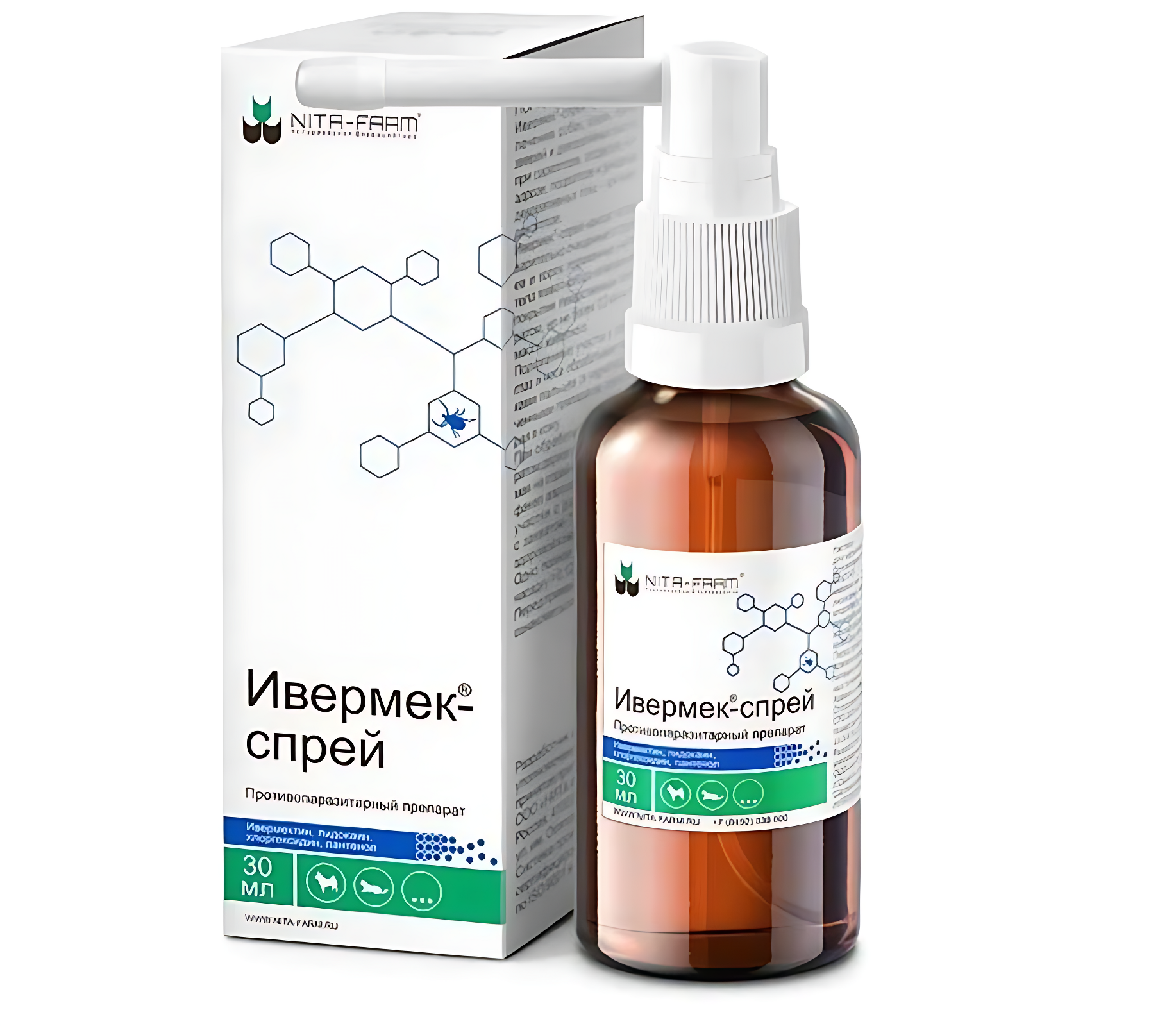 Cпрей от клещей Ивермек NITA-FARM для кошек, собак, кроликов и пушных зверей, 30 мл