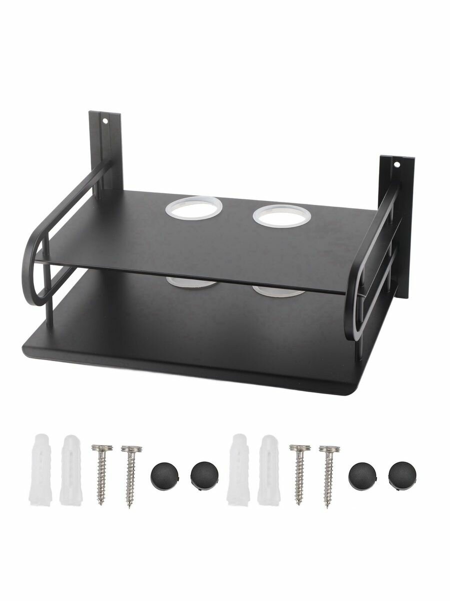 Двухуровневая настенная полка для ТВ-приставки, с креплением, черная