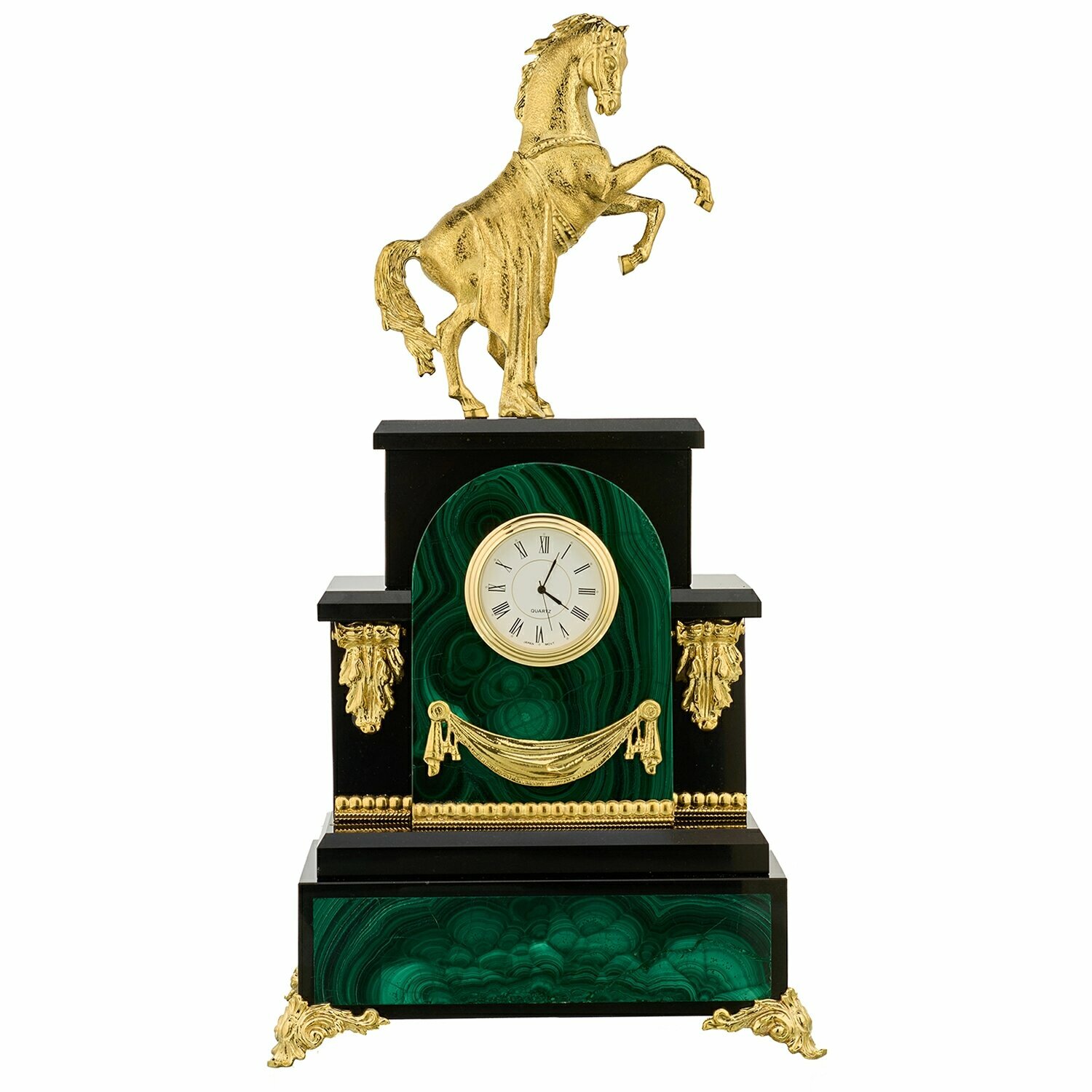 205002 Златоуст Часы настольные из малахита Конь,190*115*370мм,3200533ст