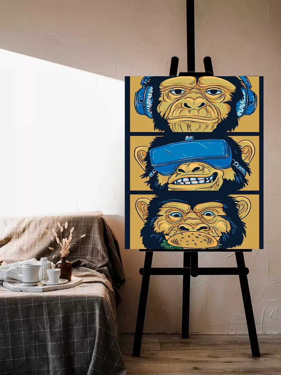 Картина по номерам 3 Гориллы в Наушниках Животные 3 Обезьяны