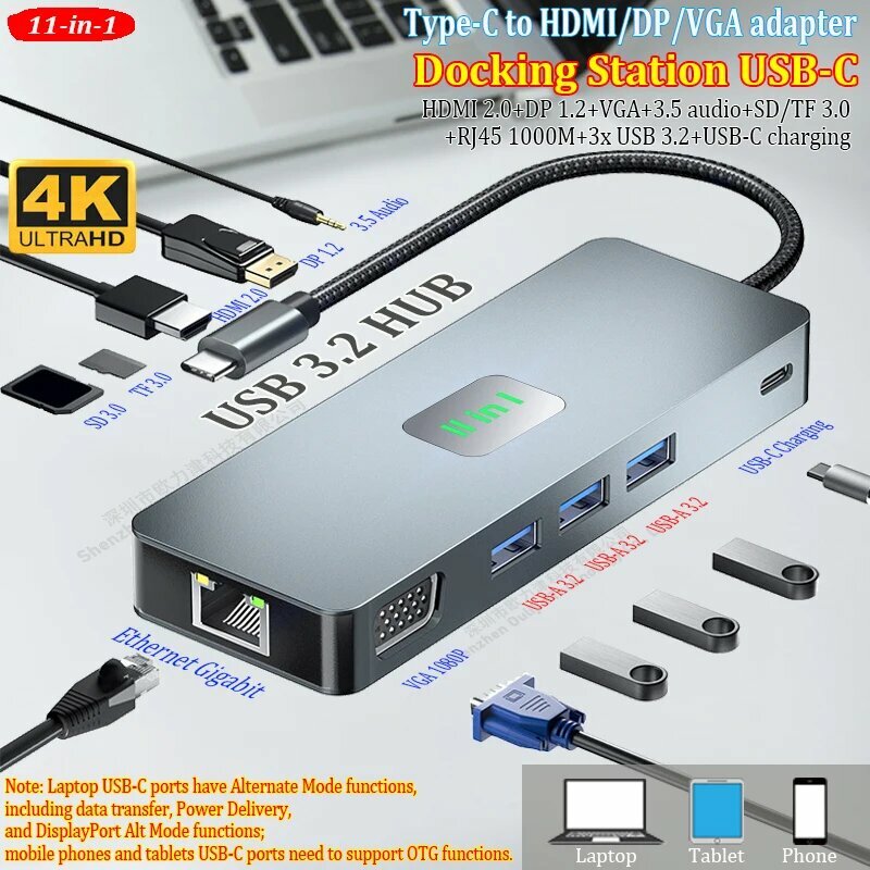 Док-станция USB C для 3 мониторов, адаптер HDMI+DP+VGA, 11-в-1 Type-C концентратор с 4K HDMI, 4K DP, 1080P VGA, 3x USB 3.2, 100 Вт PD, RJ45, SD/TF для MacBook, ноутбуков Dell/HP/Lenovo