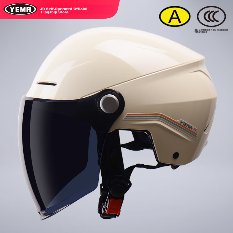 YEMA 3C Certified New National Standard Class A 367S Electric Scooter Helmet for Women, Summer And All-Season, Battery-Powered Scooter Half Helmet for Men, Lightweight Motorcycle Safety Helmet, Khaki White with Black Tea Long Visor