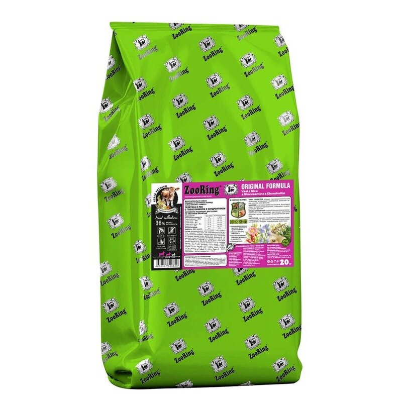 ZooRing Original Formula Сухой корм для взрослых собак, Телятина, Рис, Глюкозамин и Хондроитин 20 кг