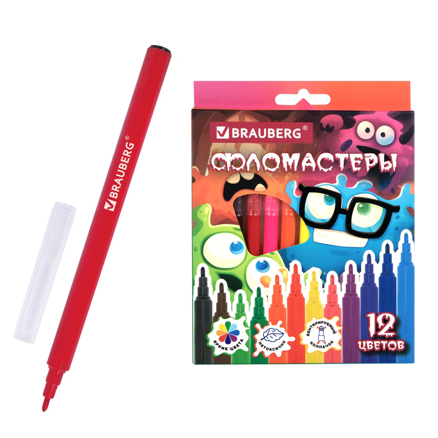 Фломастеры кросс-серия монстрики, 12 цветов, вентилируемый колпачок, картонная коробка с европодвесом, BRAUBERG, 152622 (цена только за 1 шт.)