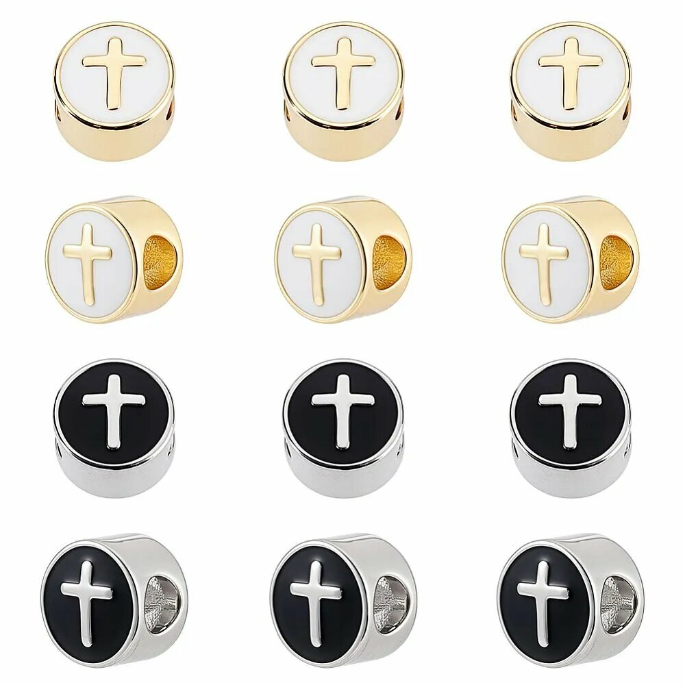 12 шт. двухцветных латунных бусин европейского дизайна с эмалированными бусинами с большим отверстием, плоские круглые с крестом, платиновые, золотые, 11x8 мм