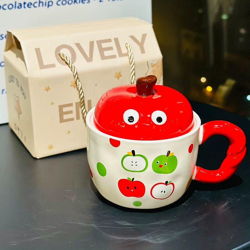 Симпатичная керамическая кружка в виде яблока с крышкой, ложкой, красивая кофейная чашка для девочек, забавная