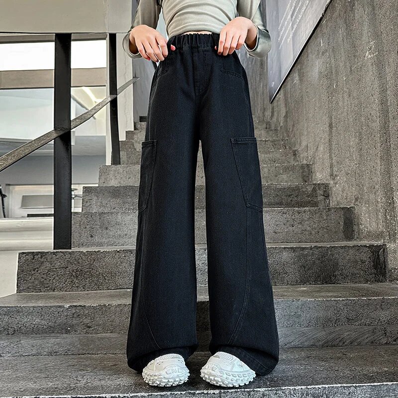 LI Mall Новые весенние прямые джинсы для девочек с карманами чёрно-серые пэчворк брюки для подростков