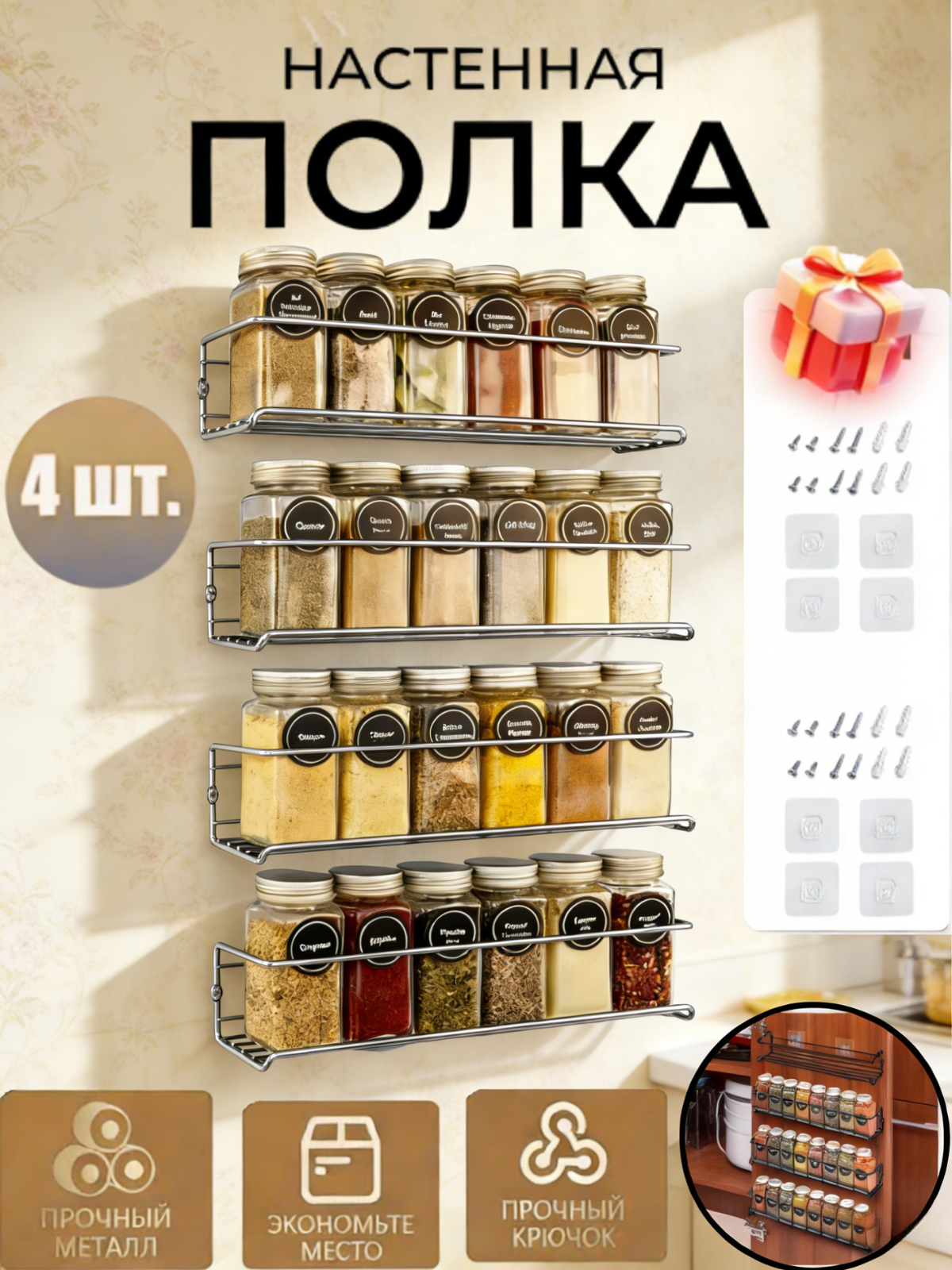 Полка настенная самоклеющаяся металлическая для кухни для ванной комнаты, органайзер для специй 4 шт
