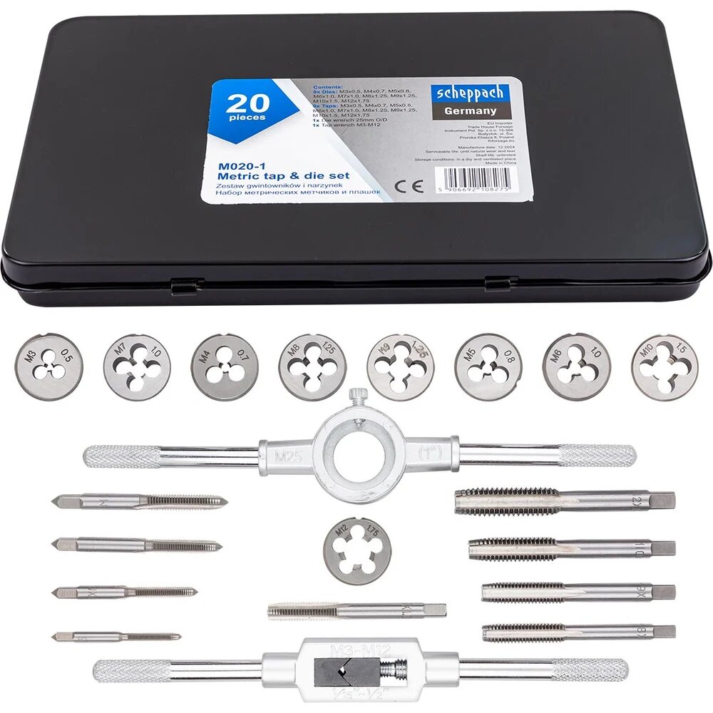 Набор метчиков и плашек Scheppach метрический 20 предметов (М3x0.5, М4x0.7, М5x0.8, М6x1, М7x1, М8x1.25, М9x1.25, М10x1.5, М12x1.75) Sch-M020-1(64905)