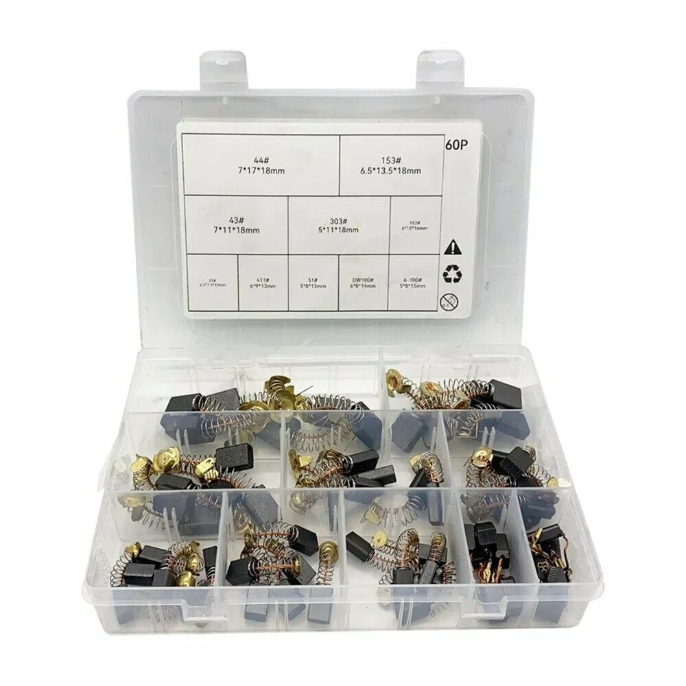 60 шт. угольных щеток для электродвигателей, 10 разных размеров, запасные части для электроинструмента