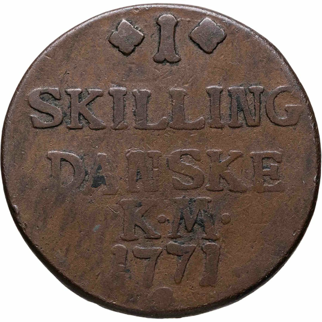 Дания 1 скиллинг 1771, Медь, в сохранности VF