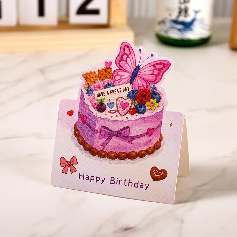 Открытка Happy Birthday с тортом и бабочкой, акварель 3D, Purple butterfly