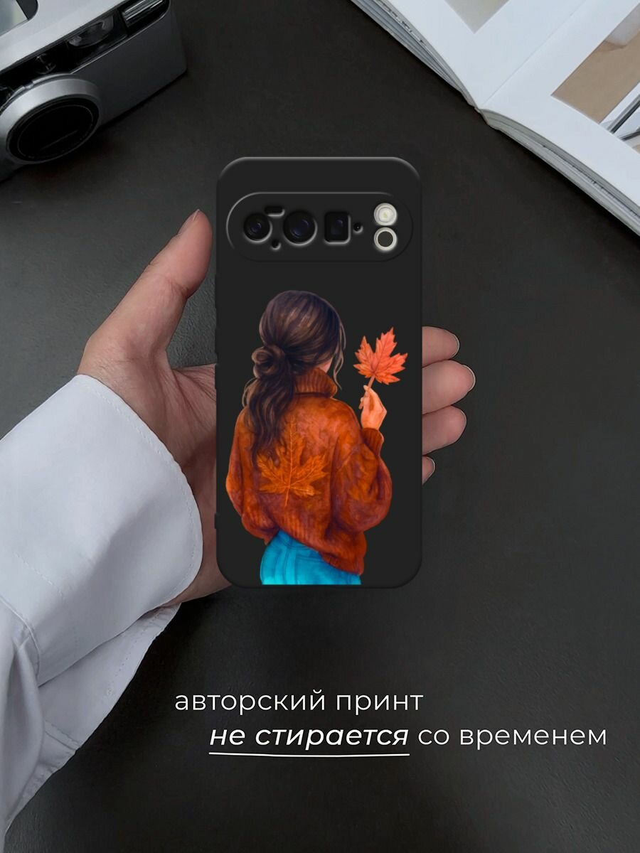 Черный матовый чехол на Google Pixel 10 Pro / Гугл Пиксель 10 Про с принтом Девушка с опавшим листом — фото 1
