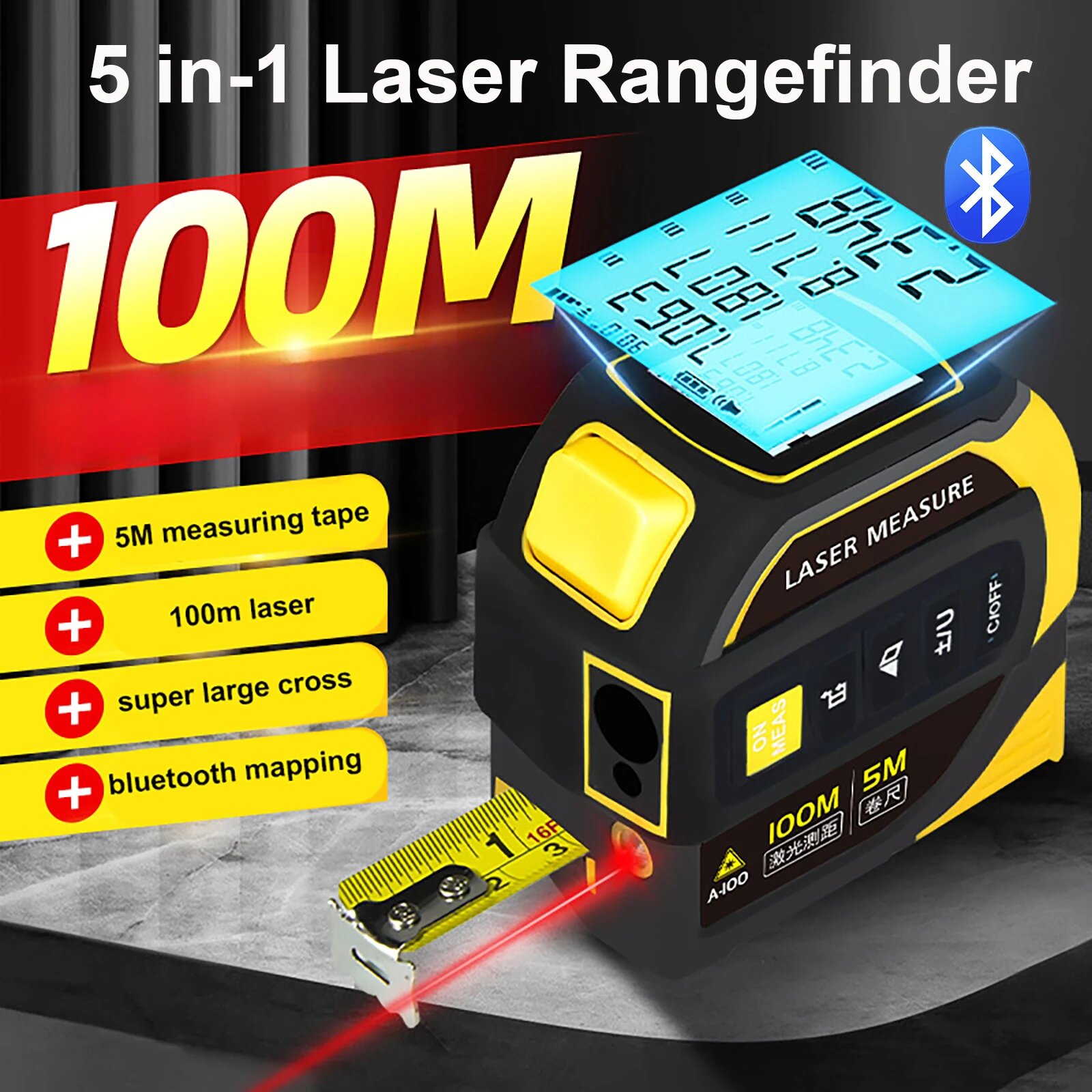 Лазерный дальномер 4 в 1, Bluetooth 5 м, стальная лента, дальномер 40 м/60 м/80 м/100 м, внутренний лазерный измерительный прибор, лазерная линейка