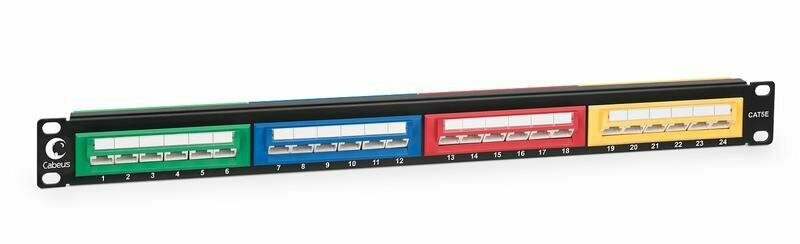 Патч-панель 19дюйм 1U 24 порта RJ45 кат.5E Dual IDC угол портов 45град. цветные блоки Cabeus 7952c