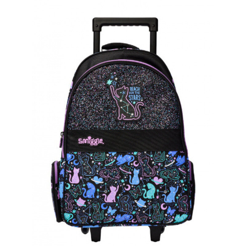 Рюкзак Smiggle с рисунком космического кота, на колесиках, фиолетово-черный