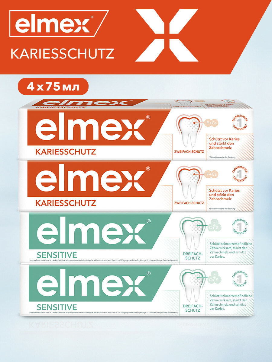 Зубная паста Elmex Sensitive для чувствительных зубов, 75 мл (2 шт) + Защита от кариеса, 75 мл (2 шт)