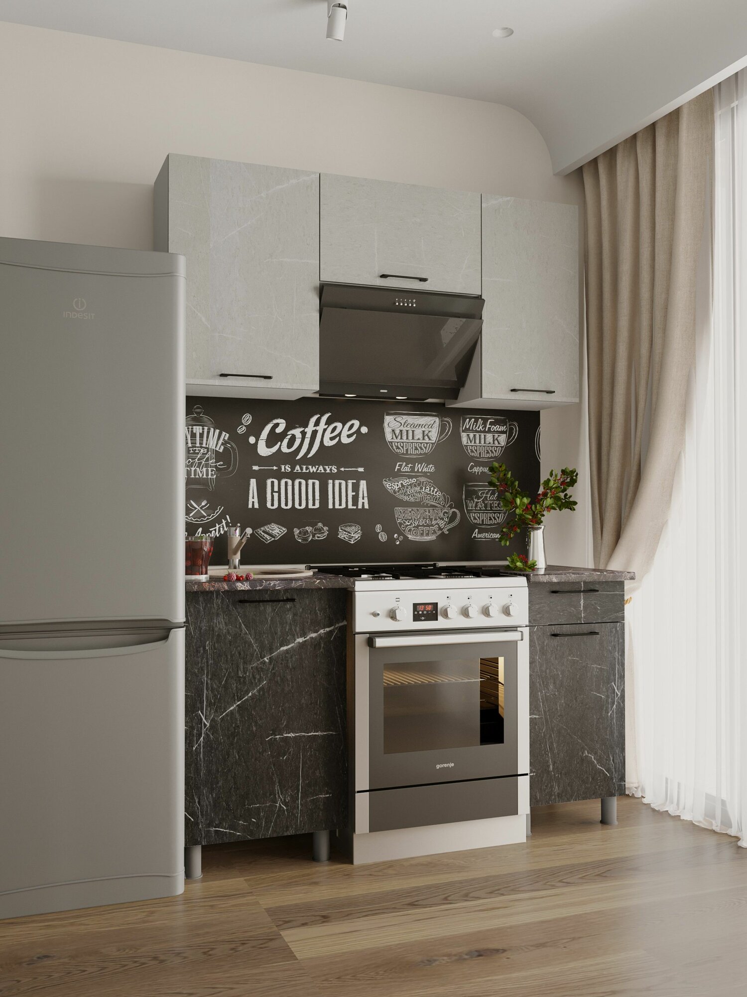 Кухонный гарнитур с окапом Марбл МДФ 1,5м мрамор лайт/дарк без столешницы