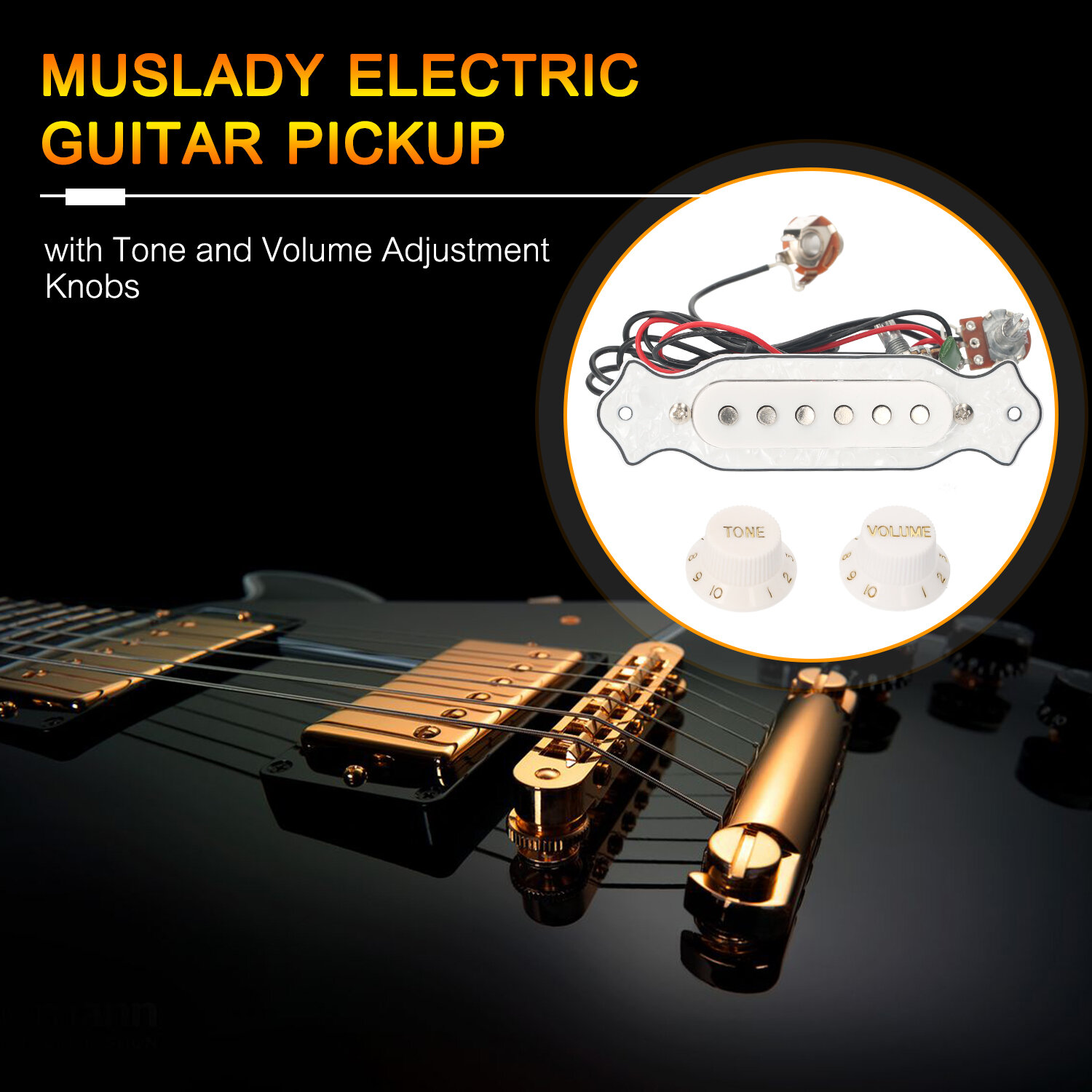 Звукосниматель для электрогитары. Готовый к установке комплект звукоснимателей для гитары с гнездом 6,35 мм и ручками регулировки громкости и тембра.