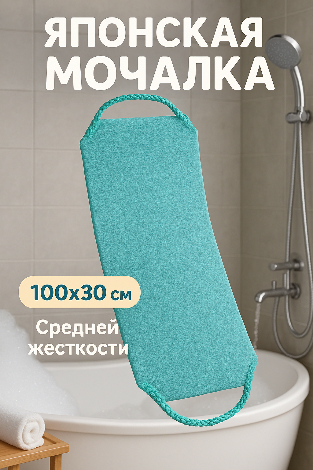 Мочалка для тела, японская с ручками антицеллюлитная, бирюзовая