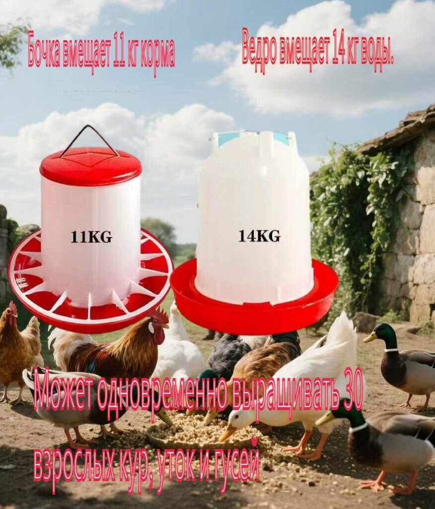 Поилка объемом 11 литра + кормушка весом 14 кг для кур, уток и перепелов, поилки и автоматические дозаторы воды Подходит для 30 небольших кур, уток, гусей