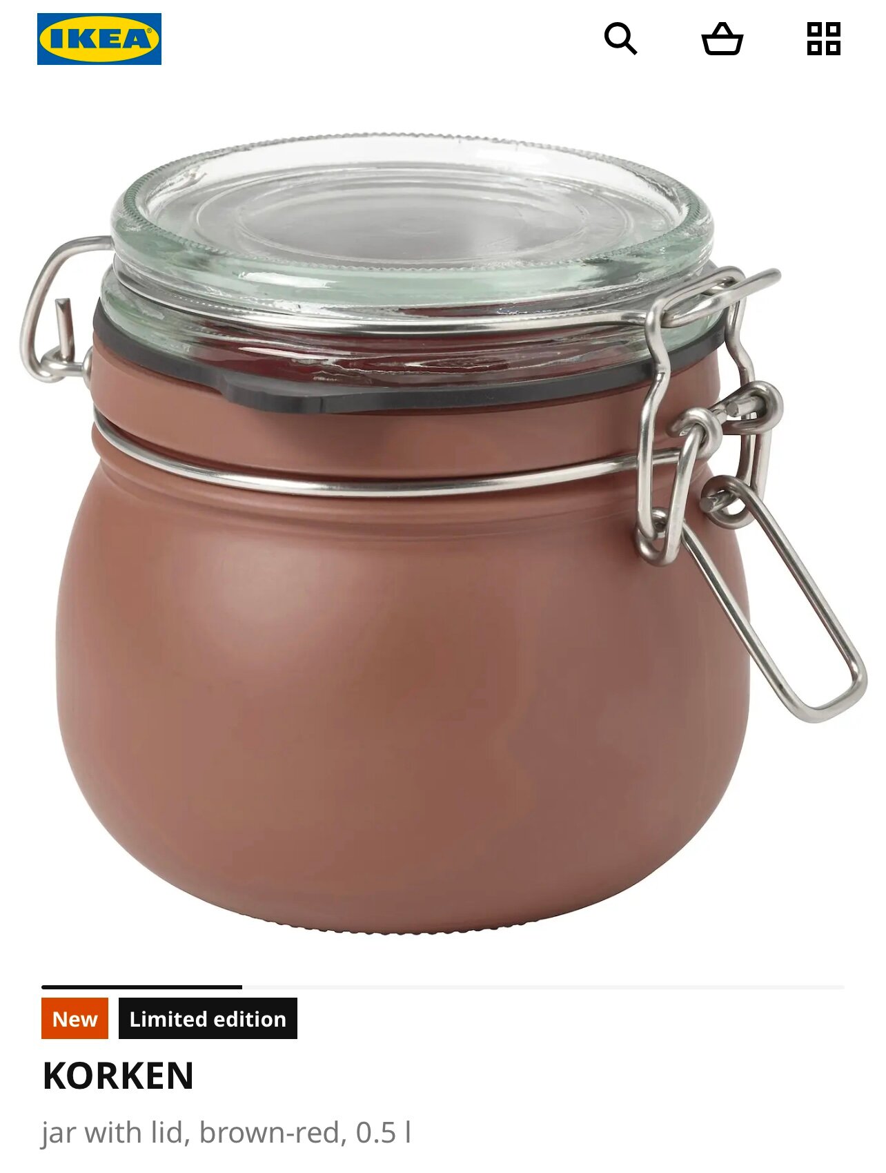 Банка с крышкой IKEA KORKEN , коричнево-красная, 0,5 л, стекло/металл