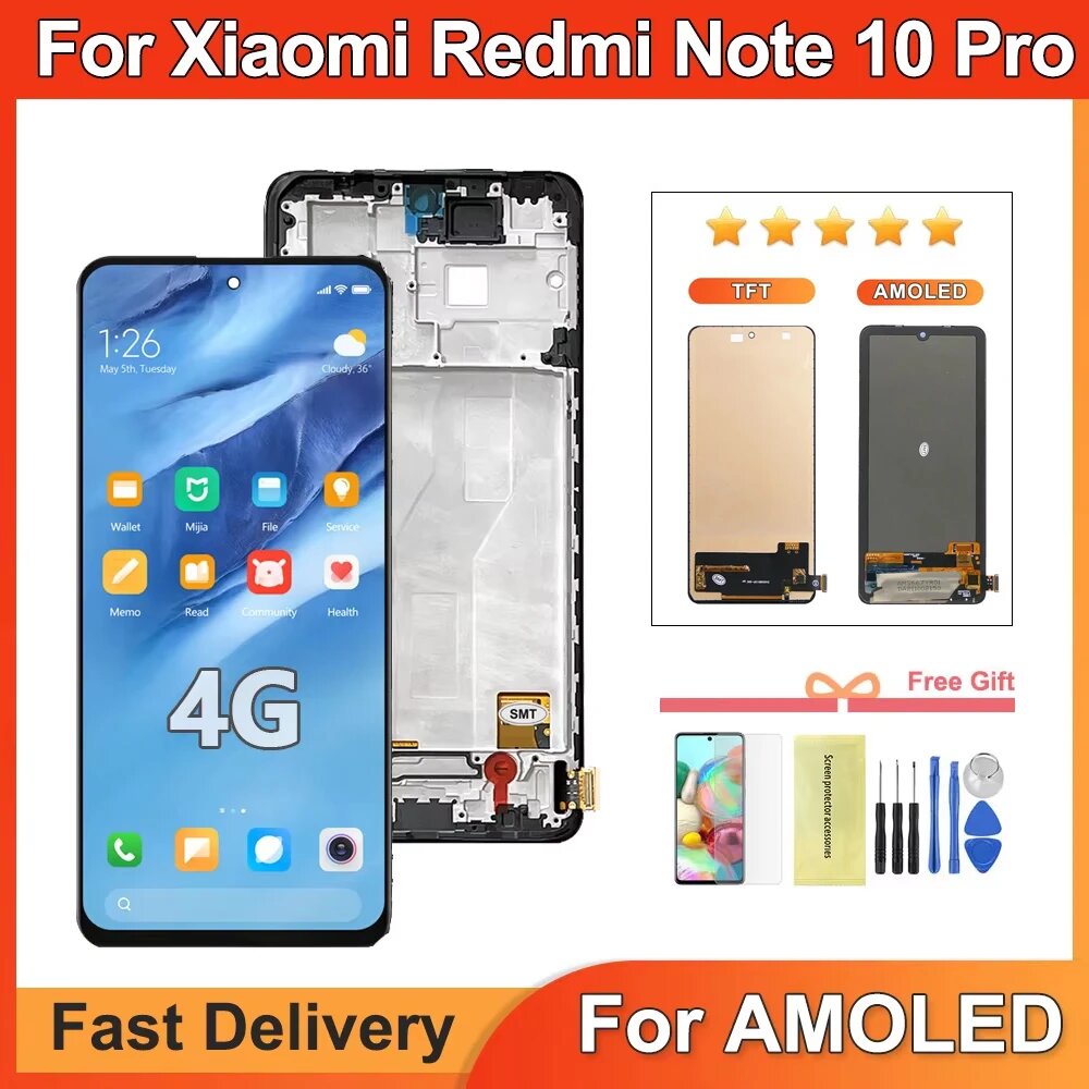Супер AMOLED-экран для Xiaomi Redmi Note 10 Pro M2101K6G M2101K6R, ЖК-дисплей, дигитайзер сенсорного экрана для Redmi Note 10 Pro OLED With Frame