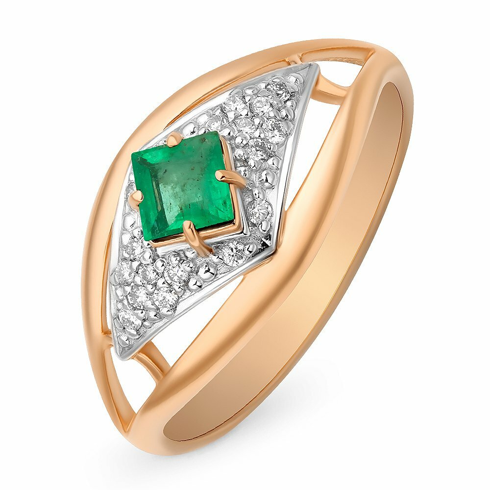 Кольцо, красное золото, 585 проба, родирование, изумруд, бриллиант