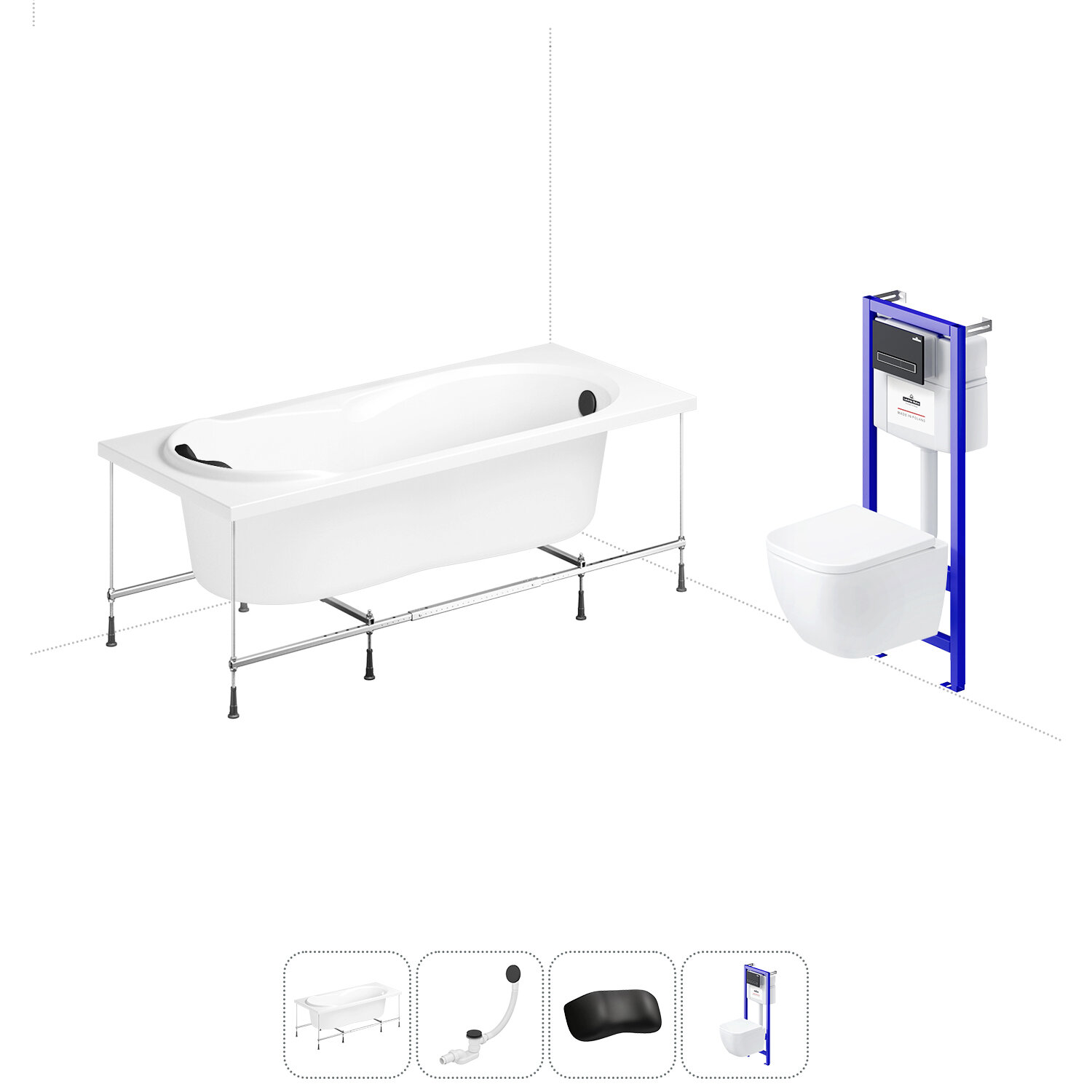 Акриловая ванна 150x70 с каркасом Lavinia Boho Easter Pro 20221143R в наборе 5 в 1: ванна, ножки, слив-перелив, подголовник, унитаз в комплекте