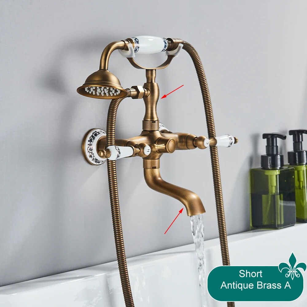 Антикварный латунный смеситель для ванной комнаты, смеситель для ванны с двойной ручкой, смеситель для горячей и холодной воды в форме телефона, настенные краны для ванны, antique brass A