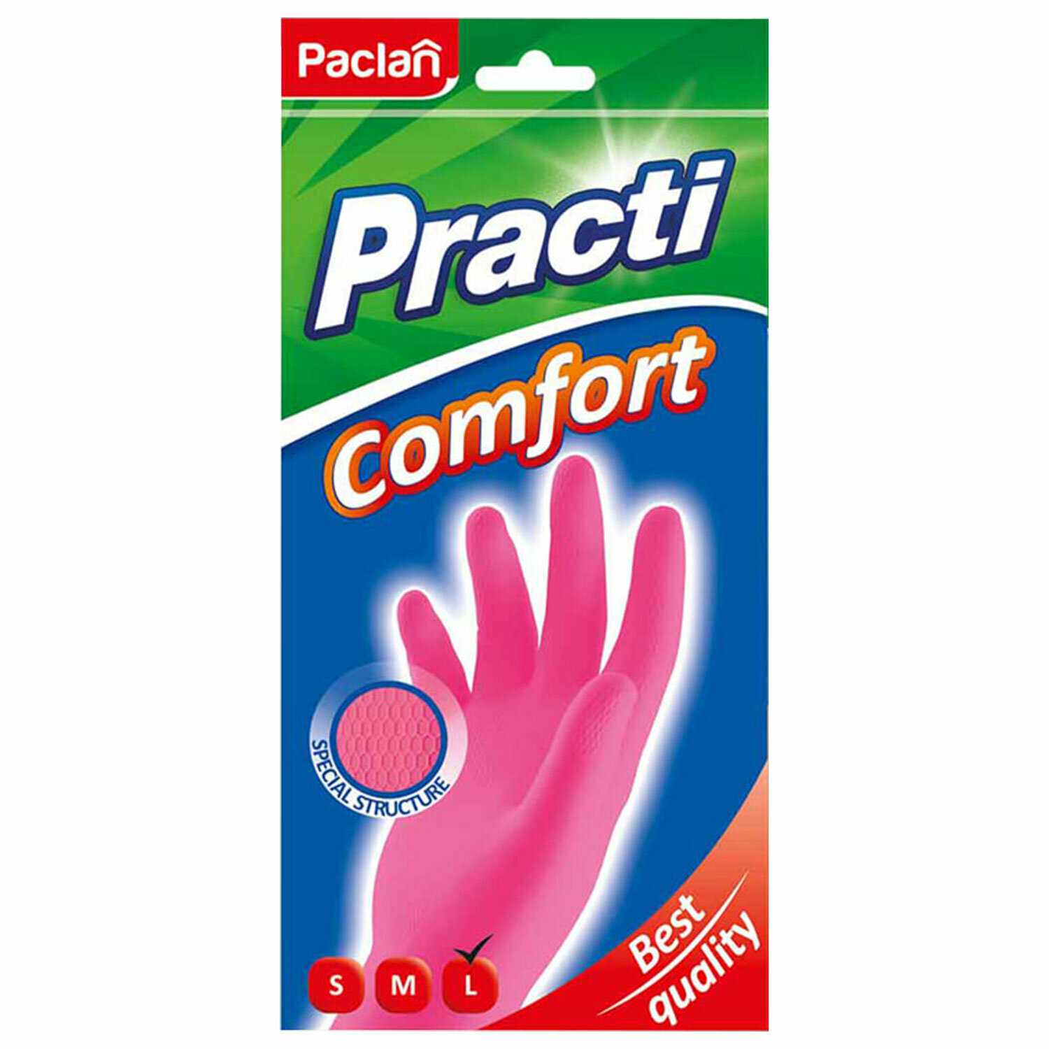 Упаковка 10 шт. Перчатки многоразовые латексные PACLAN "Practi Comfort", хлопчатобумажное напыление, размер 8,5-9, L (большой), розовые, вес 66 г, 407272