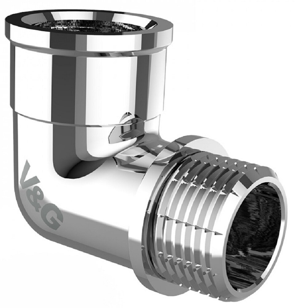 Угольник переходной V&G / В&Г для труб, внутренняя-наружная резьба, латунь с хромированным покрытием, диаметр 1/2дюйма / водоснабжение