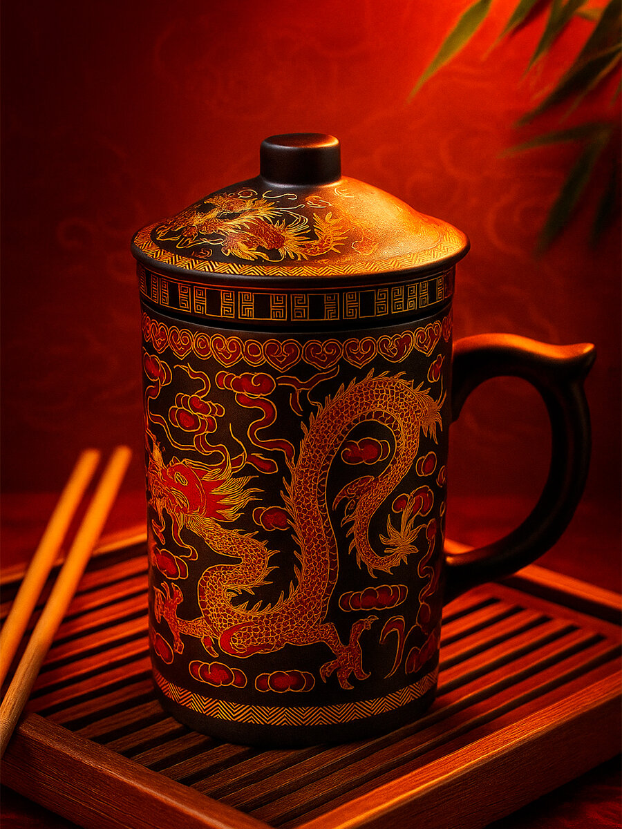 Кружка "Золотой дракон", с крышкой и керамическим ситом