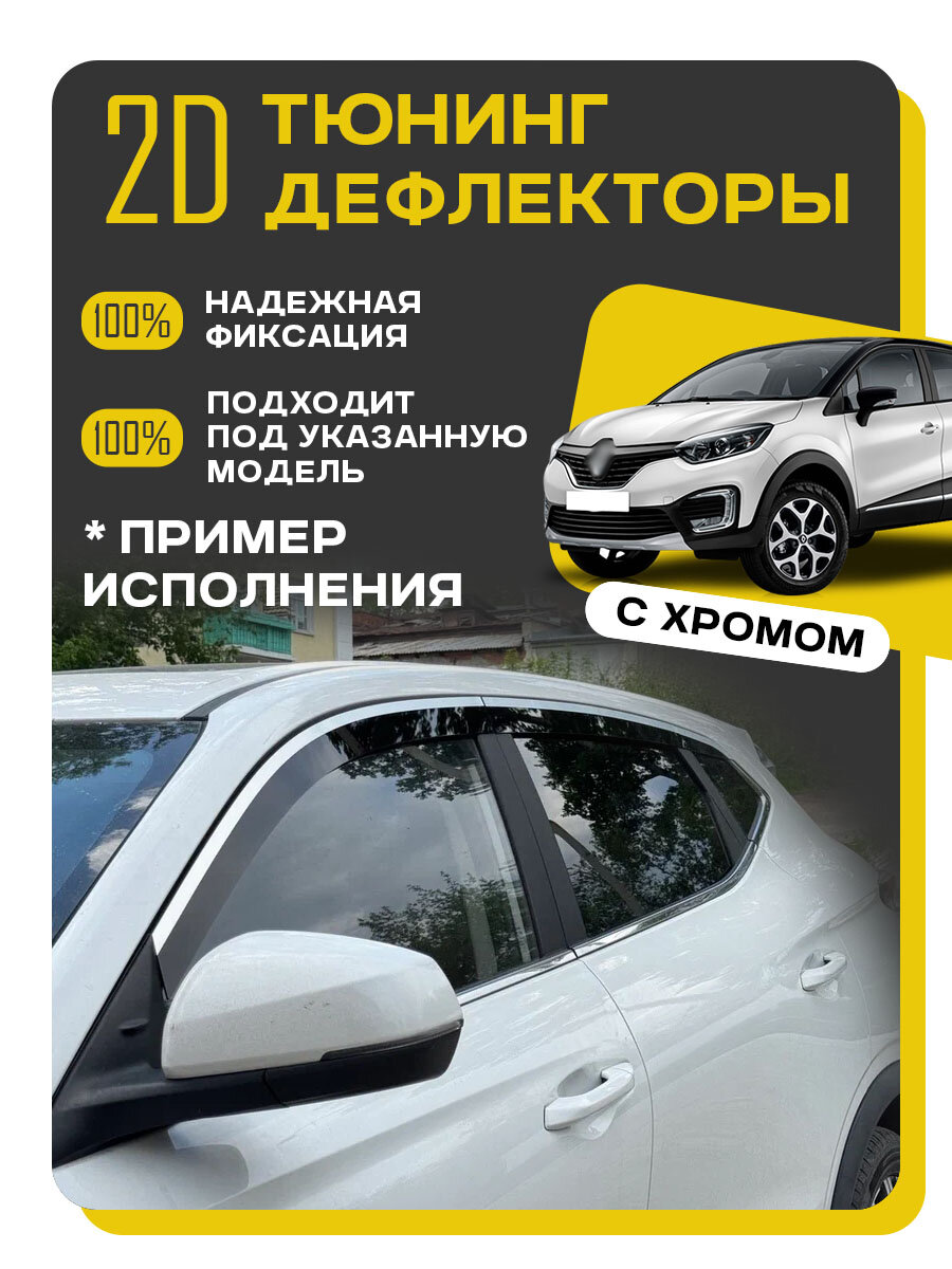 Плоские тюнинг дефлекторы с хромом для Renault Kaptur (2016-2022) Ветровики 2d для Рено Каптюр. Комплект 6 шт.