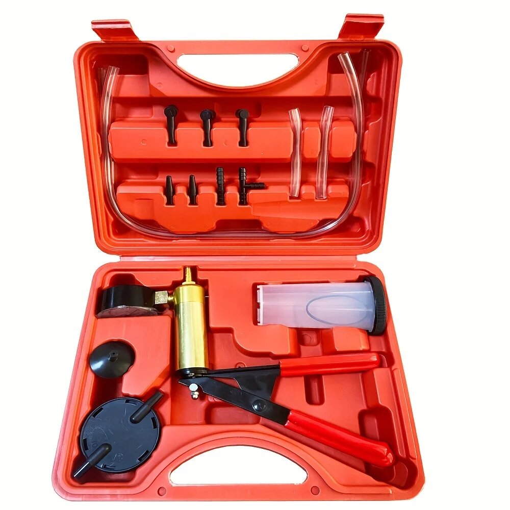 Комплект для прокачки тормозов с ручным вакуумным насосом с манометровыми адаптерами Автомобильный комплект для прокачки тормозной жидкости для велосипеда, автомобиля, грузовика (красный), Черный