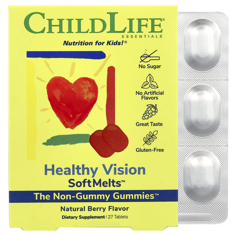 ChildLife Healthy Vision SoftMelts Natural Berry, Жевательные таблетки для поддержки здоровья зрения с черникой, 27 шт