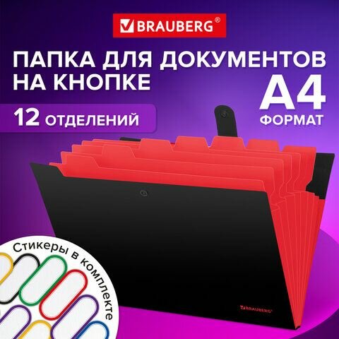 4 шт, Папка-органайзер на кнопке 12 отделений, BRAUBERG "Extra", А4, черная с красным, 271934