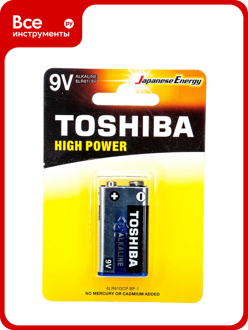Алкалиновый элемент питания Toshiba 6LR61 крона типоразмер, щелочной состав, 9‑вольтное напряжение для электропитания