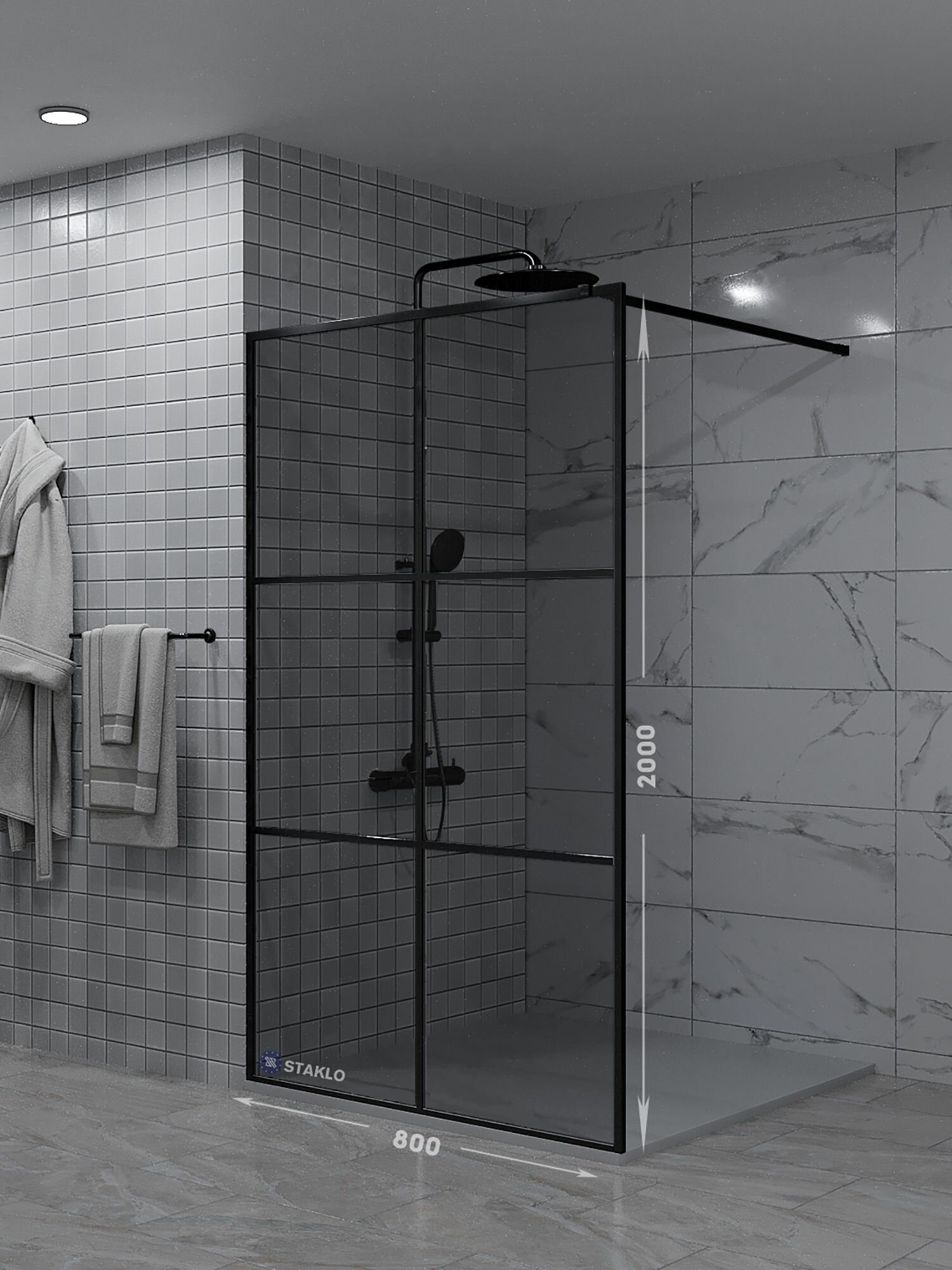 Loft душевая одиночная перегородка staklo 80x200 из серого графит стекла черная фурнитура
