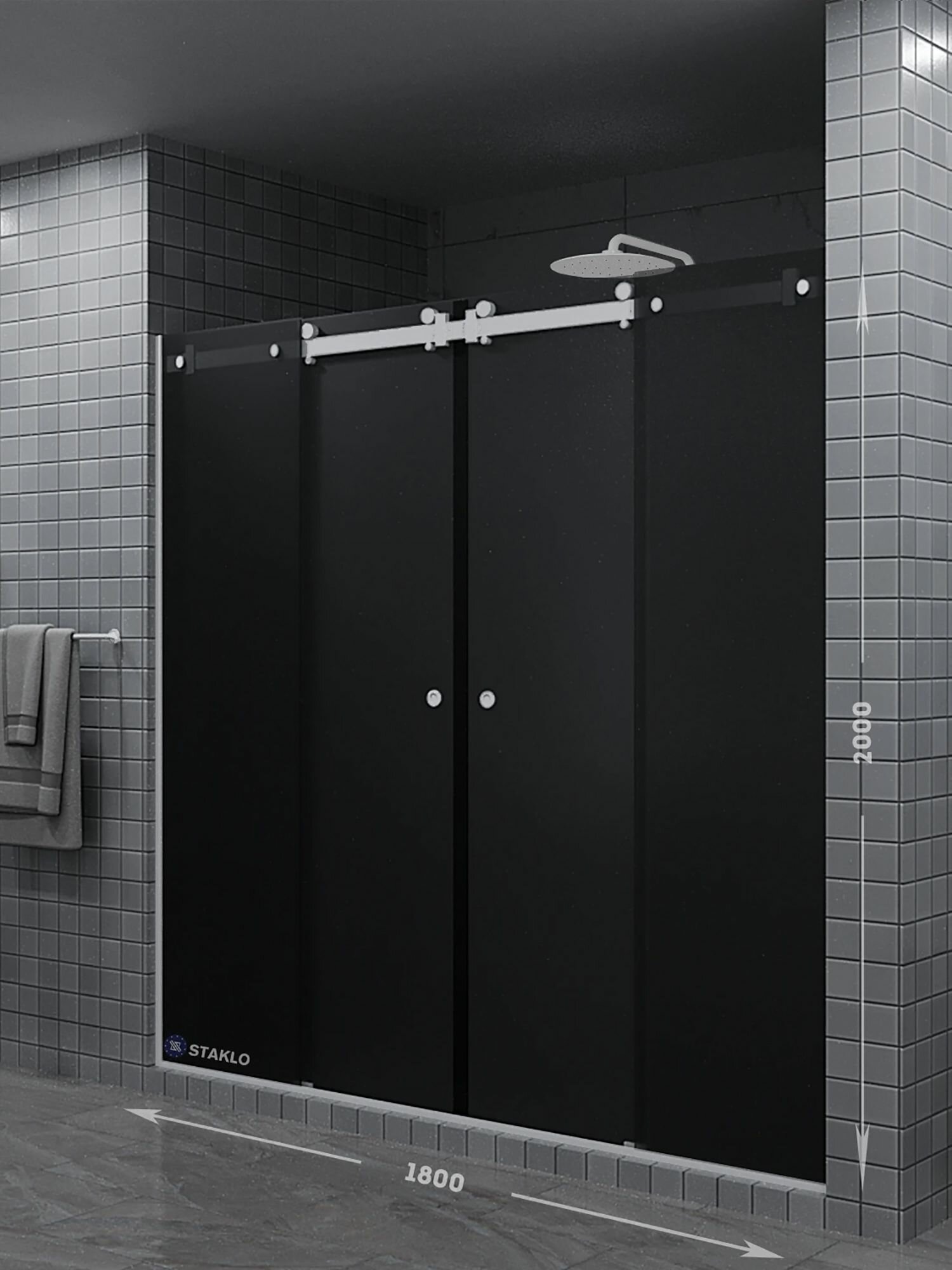 Раздвижная душевая в нишу четыре стекла staklo 180x200 из серого графит матового стекла белая фурнитура