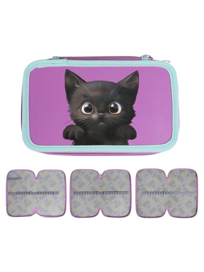 Пенал 3 секции, 125 х 205 х 55 мм, Calligrata 30П26/3 "Кот чёрный", ламинированный картон