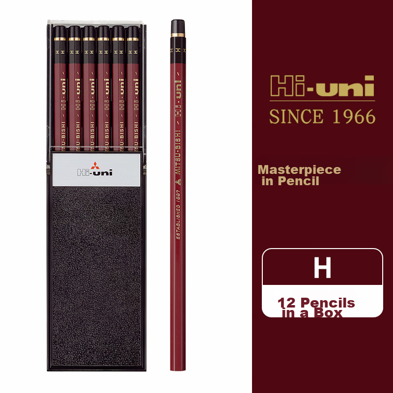 Mitsubishi (Uni) Sketching Pencils, Student Pencils HI-UNI Wooden Handle Pencils H, 12-Pack