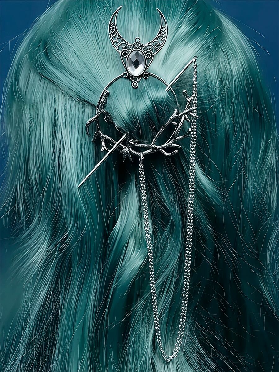 Кельтская заколка - фибула для волос Лунный оберег с серебристым камнем