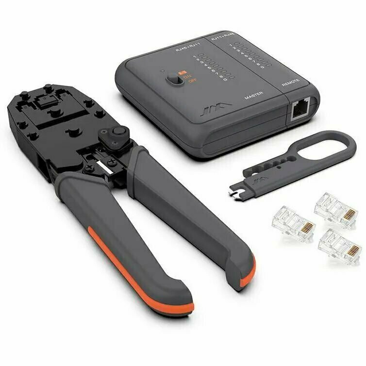 Набор для обжима витой пары JIMIHOME JM-GTW5N, тестер LAN RJ45, обжимные клещи, стриппер для кабелей, комплект коннекторов RJ-45 - 20шт.