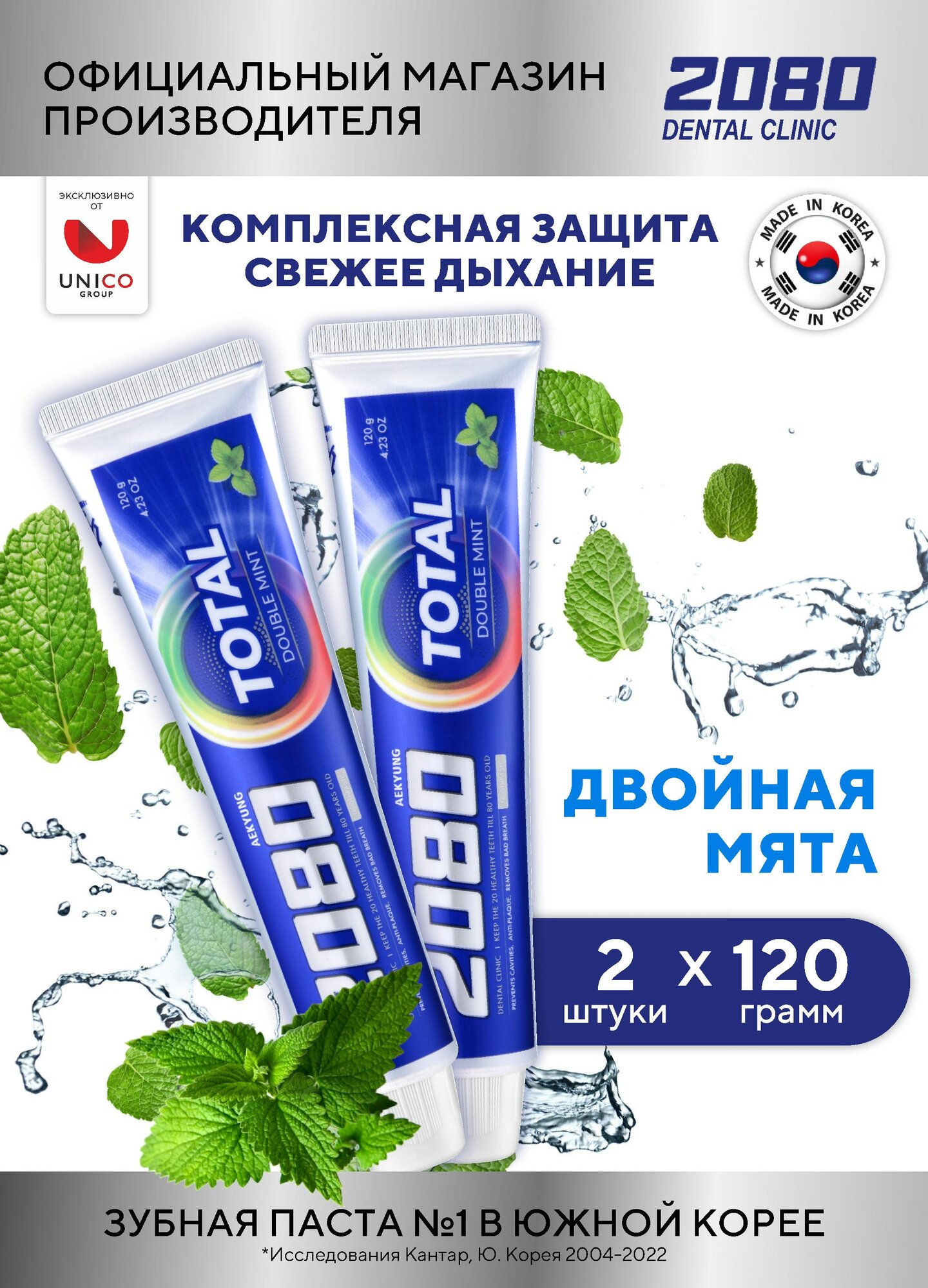 Dental Clinic 2080 Набор Зубная паста мятная Защита от кариеса и пародонтоза Двойная натуральная мята 2х120г, Корея