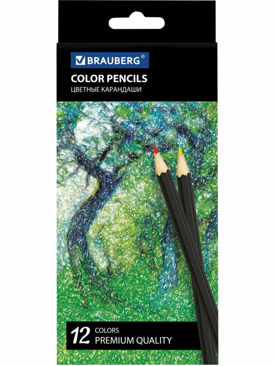 Карандаши деревянные цветные для рисования "Artist line", набор из 12 цветов, заточенные, черный корпус, шестигранные, Brauberg, грифель 3 мм, натуральное дерево, 180539