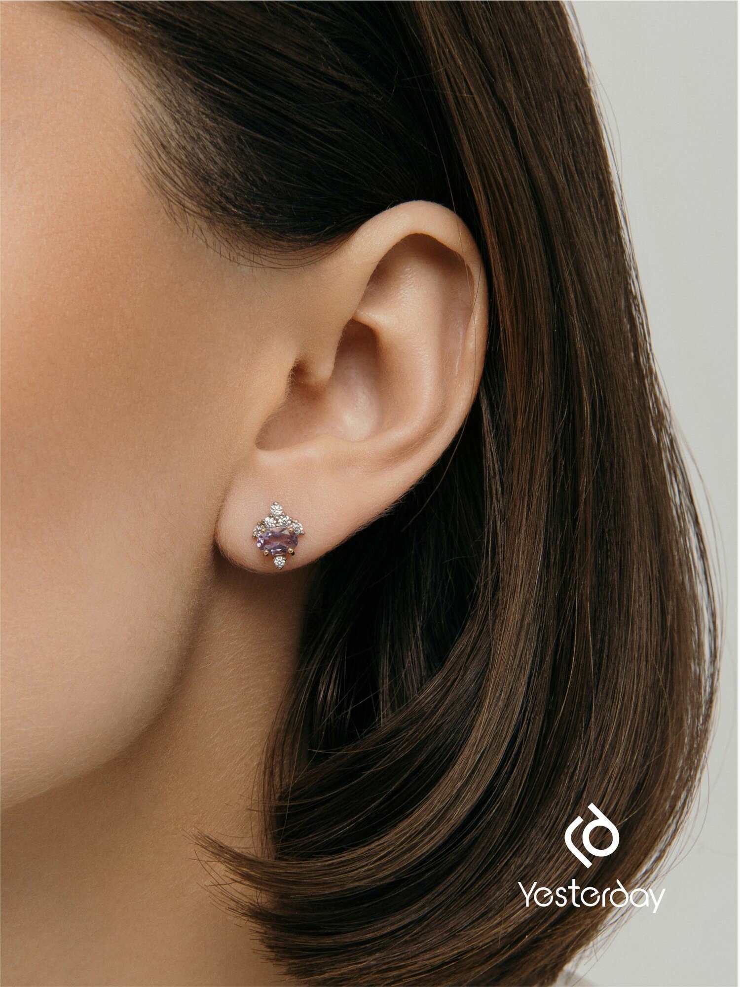 Серьги пусеты, красное золото, 585 проба, аметист, фианит